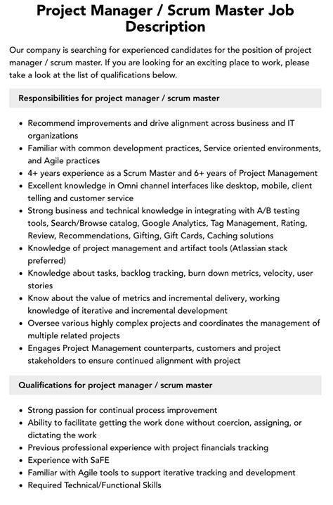Project Manager Scrum Master Job Description Velvet Jobs