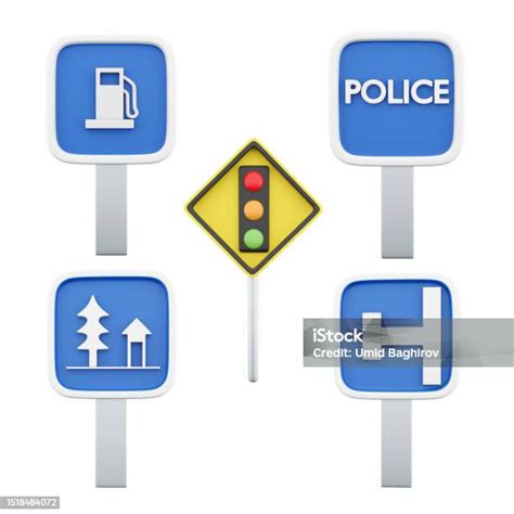 3d 렌더링 주유소 신호등 규제 경찰 휴게소 왼쪽 도로 표지판 아이콘 세트에 막 다른 골목 3d 렌더링 도로 표지판 개념 아이콘 세트 3차원 형태에 대한 스톡 사진 및 기타