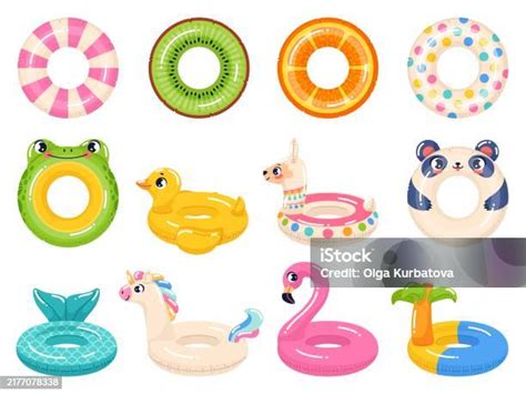 팽창식 고무 링 만화 수영 장난감 어린이 여름 수영장 휴가 액세서리 어린이 물 안전 재미있는 개구리 오리 새끼와 팬더 핑크 플라밍고 키위와 오렌지 벡터 절연 세트