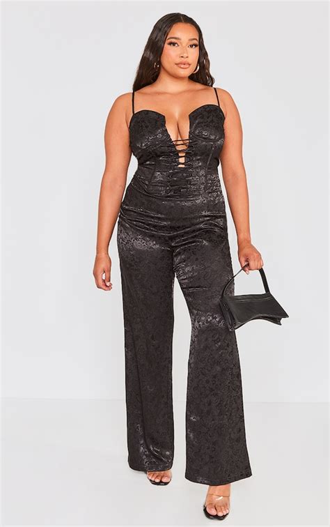 Plus Black Jacquard Lace Up Corset Jumpsuit Plus Size Plt Ca