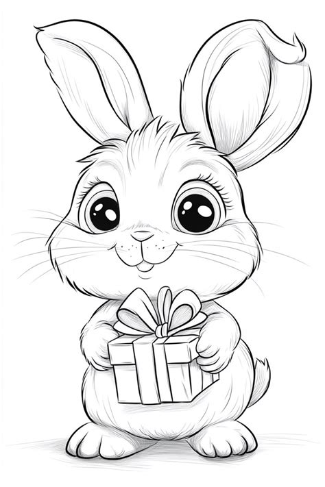 Весёлый кролик с подарком новогодняя раскраска для радости детей Раскраски