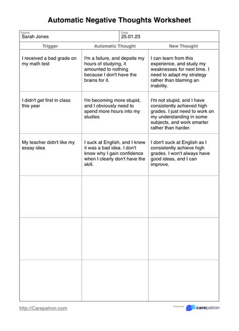 Automatic Negative Thoughts Worksheet And Example Free Pdf Download