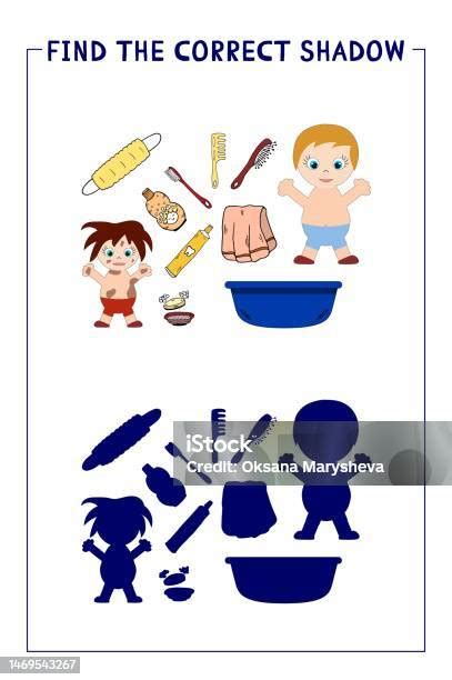 올바른 그림자를 찾으십시오 벡터 욕실 요소 및 개인 위생 항목 워크시트 개발 아기 건강한 생활방식에 대한 스톡 벡터 아트 및 기타 이미지 건강한 생활방식 검색 계획