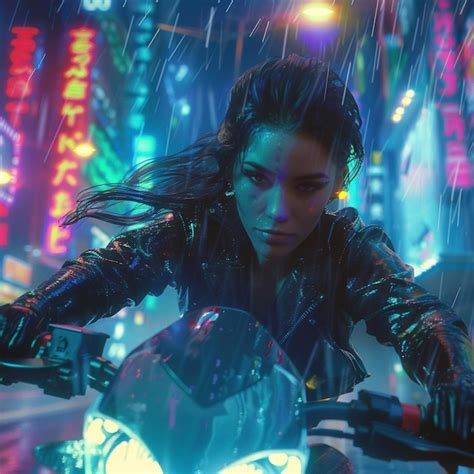 Cyberpunk Girl On Sports Bike Dark Amp Gritty Cityscape Premium Ai Generated Image