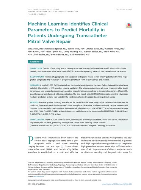 Pdf Machine Learning Identifies Clinical Parameters To Predict Mortality In Patients