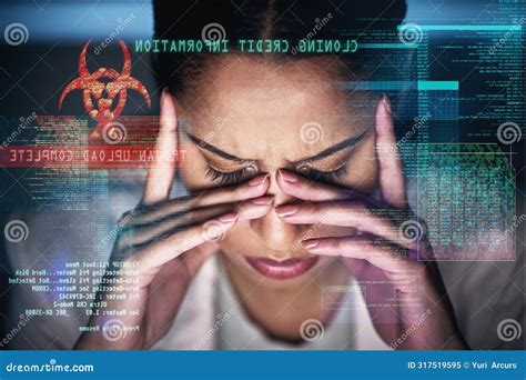 Woman Overlay And Stress With Hacking On Fraud Or Cloning For Credit