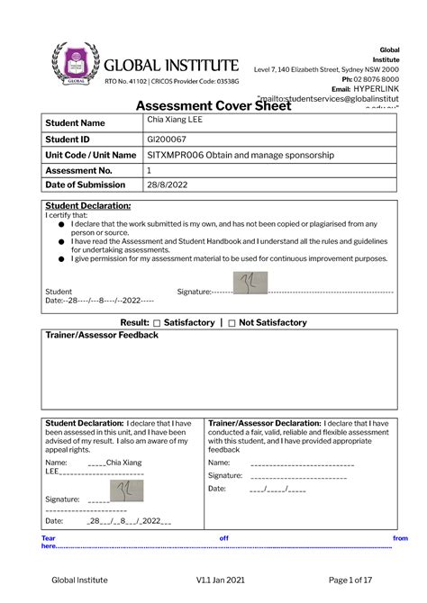 Sitxmpr 006 Assessment Task 1 V11 Jan 2021 Assessment Cover Sheet