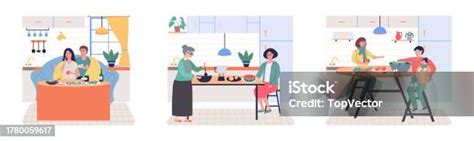 채식 음식을 요리하는 사람들 벡터 일러스트 레이 션입니다 신선한 야채로 신선한 샐러드와 기타 건강한 식사를 요리하는 캐릭터 가구에 대한 스톡 벡터 아트 및 기타 이미지