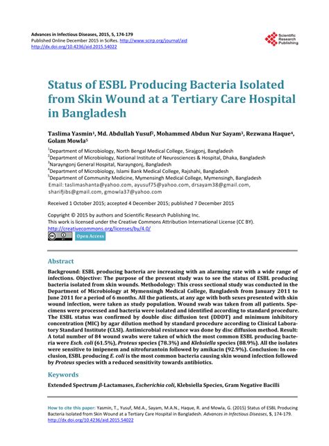 Pdf Status Of Esbl Producing Bacteria Isolated From Skin Wound At A