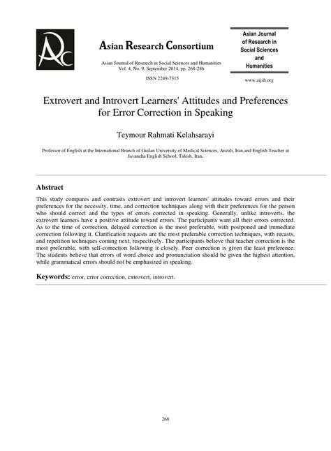 Pdf Extrovert And Introvert Learners Attitudes And Preferences For Error Correction In Speaking
