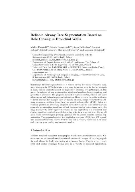 Pdf Reliable Airway Tree Segmentation Based On Hole Closing In