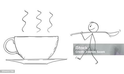 큰 티스푼이나 숟가락을 들고 커피 또는 차와 작은 남자의 큰 컵의 벡터 만화 그림 마시기에 대한 스톡 벡터 아트 및 기타 이미지 마시기 마실 것 커피 마실 것