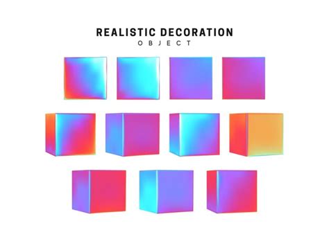 큐브 컬렉션 흰색 배경에 고립 된 기하학적 3d 개체의 집합입니다 그라데이션 홀로그램 색조 현실적인 요소 벡터 프리미엄 벡터