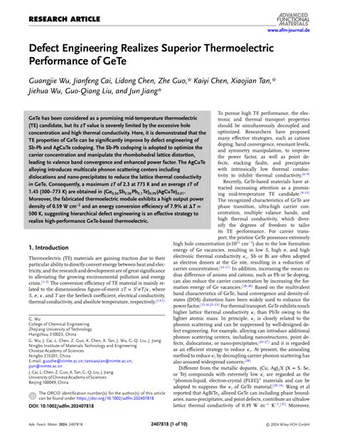 Defect Engineering Realizes Superior Thermoelectric Performance Of Gete
