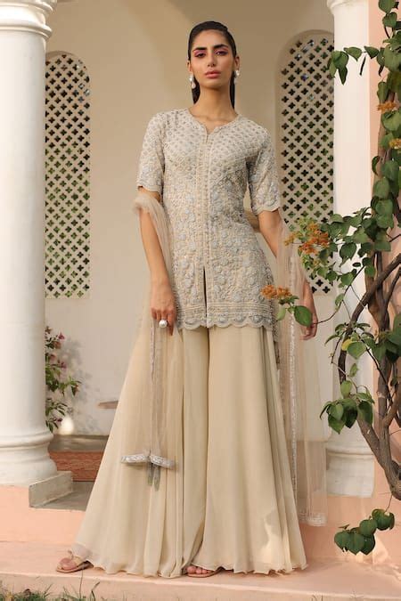 Buy Ivory Net Georgette Sequins Embroidery Split Scallop Peplum Kurta