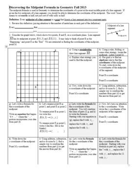 Discovering The Midpoint Formula In Geometry Fall 2013 With Key Editable