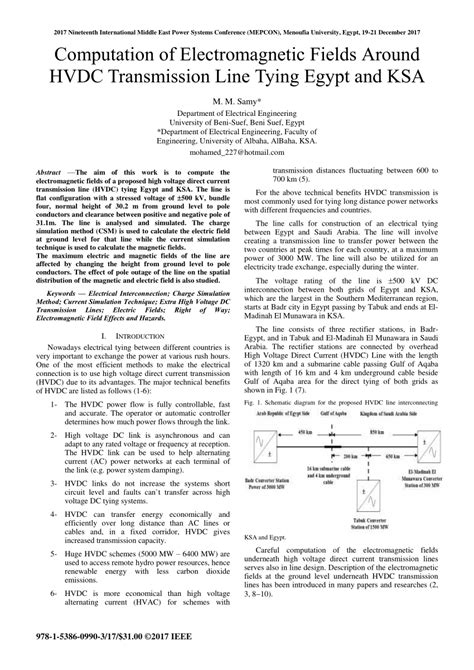 Pdf Computation Of Electromagnetic Fields Around Hvdc Transmission Line Tying Egypt And Ksa