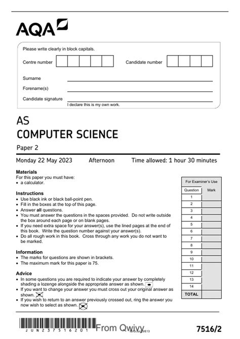 AQA AS Computer Science Paper Question Paper AQA AS COMPUTER SCIENCE Stuvia US