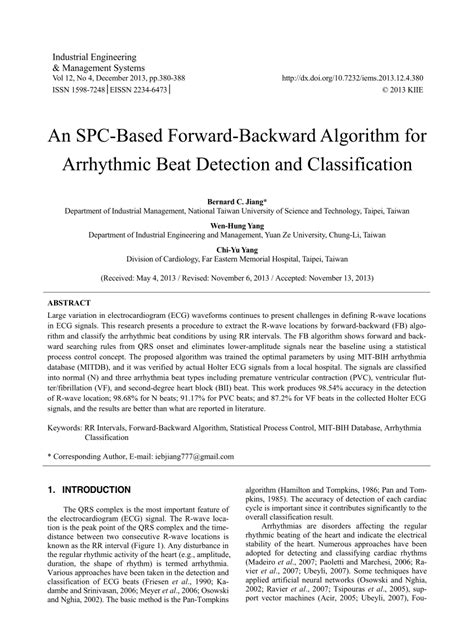 Pdf An Spc Based Forward Backward Algorithm For Arrhythmic Beat Detection And Classification