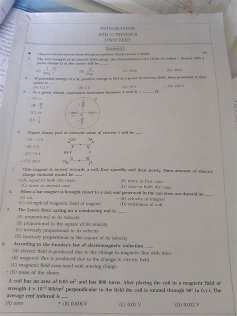 Integration Std 12 Physics Unit Test Choose Correct Answer From The Giv