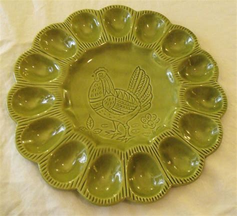 Deviled Egg Plate Chicken California Pottery Green 529 W 15 Slots 10 1