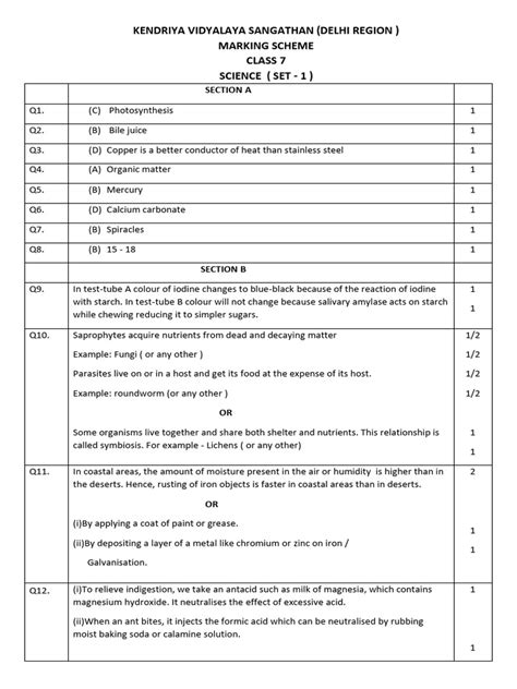 Marking Scheme Class 7 Science Set 1 Pdf Cellular Respiration