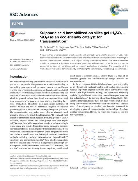 Pdf Sulphuric Acid Immobilized On Silica Gel H2so4 Sio2 As An Eco Friendly Catalyst For