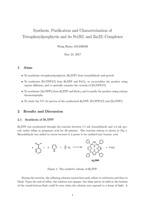 Pdf Synthesis Purification And Characterization Of Tetraphenylporphyrin And Its Feiii And
