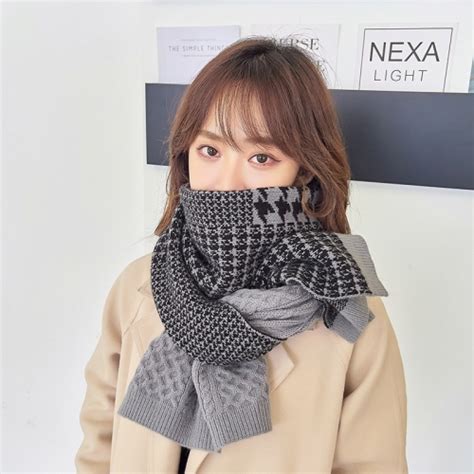 클래식 Houndstooth 색상 매칭 스카프 여성 가을과 겨울 모든 일치 따뜻한 니트 턱받이 길이 Cm 190cm 회색