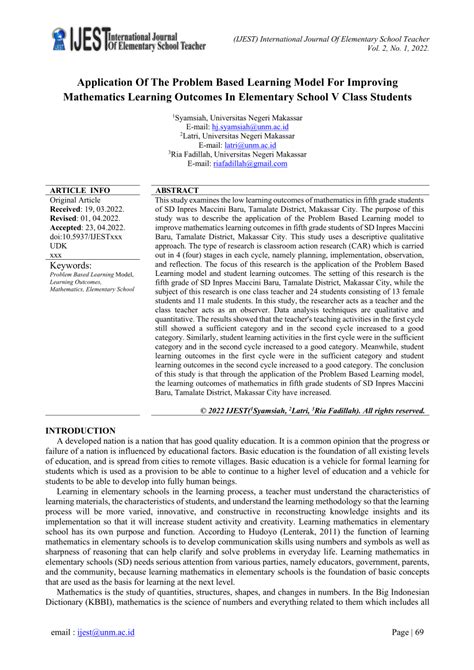 Pdf Application Of The Problem Based Learning Model For Improving Mathematics Learning