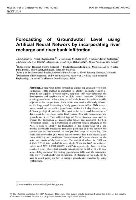 Pdf Forecasting Of Groundwater Level Using Artificial Neural Network