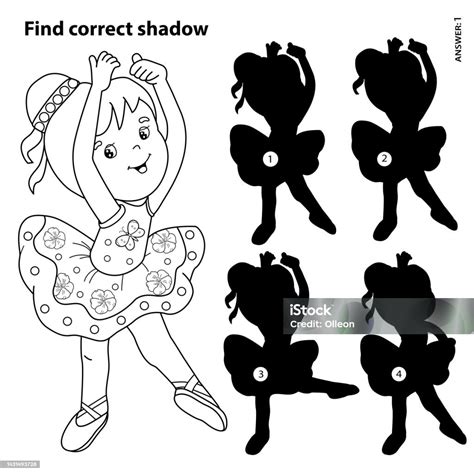 아이들을위한 퍼즐 게임 올바른 그림자를 찾으십시오 색칠 공부 페이지 개요 만화 발레 댄서 또는 발레리나 어린 소녀가 춤을 추고 있습니다 어린이를위한 색칠 공부 책 검색에