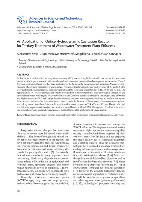 Pdf An Application Of Orifice Hydrodynamic Cavitation Reactor For Tertiary Treatment Of