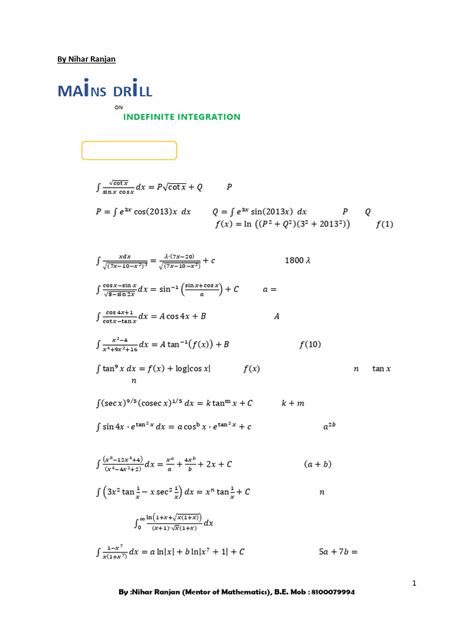 Mains Drill On Indefinite Integration Numerical Type Pdf Arithmetic Functions And Mappings