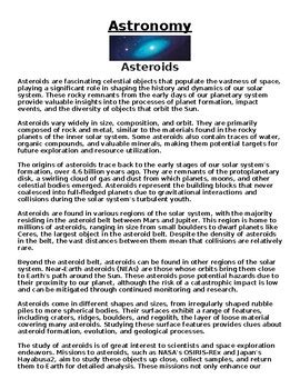 Asteroids Assignment WORD Document By BEST Educational Consulting