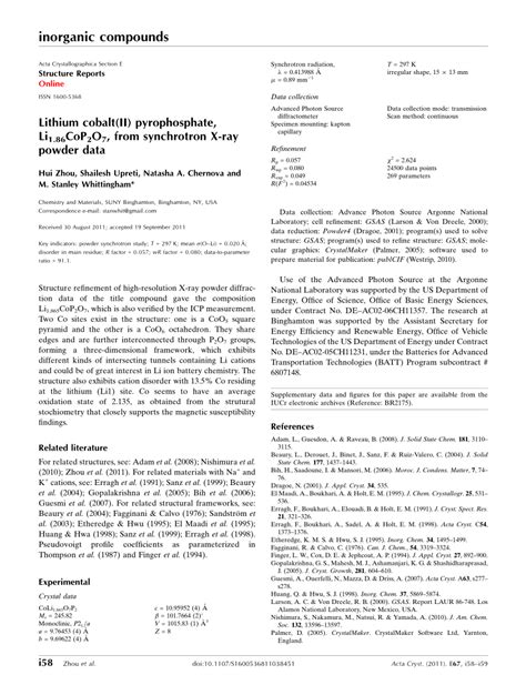 Pdf Lithium Cobalt Ii Pyrophosphate Li1 86cop2o7 From Synchrotron X Ray Powder Data