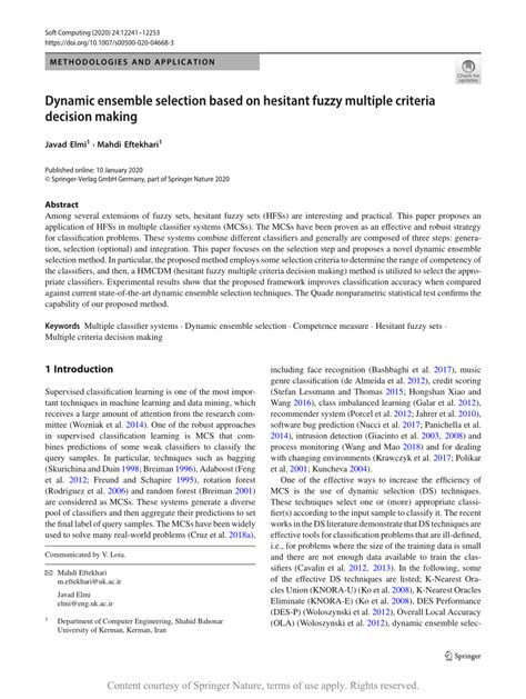 Dynamic Ensemble Selection Based On Hesitant Fuzzy Multiple Criteria