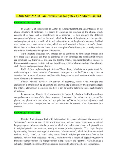 book summary an introduction to syntax by andrew radford ch 3 4 book