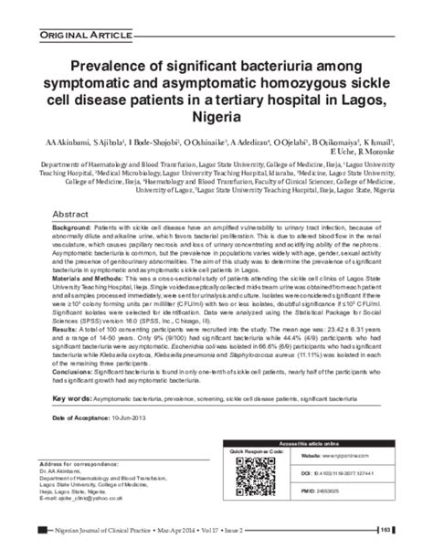 Pdf Prevalence Of Significant Bacteriuria Among Symptomatic And Asymptomatic Homozygous Sickle