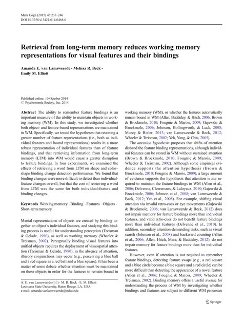 Pdf Retrieval From Long Term Memory Reduces Working Memory Representations For Visual Features