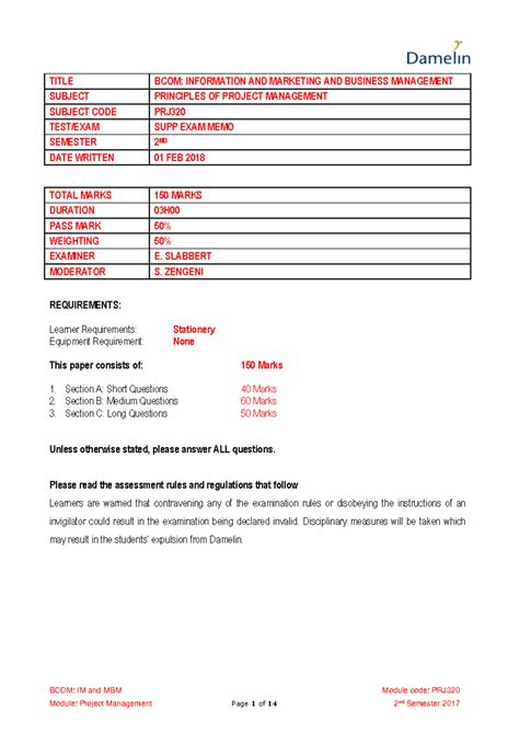 Project Management Supp Exam Memo Bcom Im And Mbm Module Code Prj