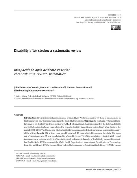 Pdf Disability After Stroke A Systematic Review