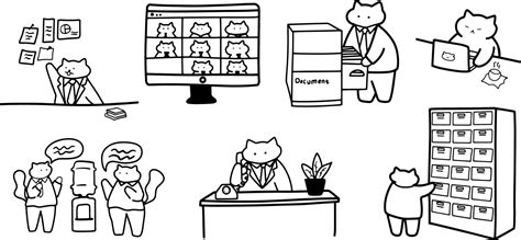 Office Cats Cute Hand Drawn Set Minimalist Doodle For Work And Cat