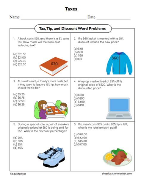 tax tip and discount word problems worksheet edumonitor science