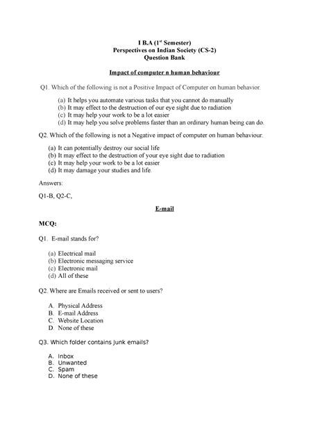 Cs Mcq Qns I B St Semester Perspectives On Indian Society CS Question Bank Impact