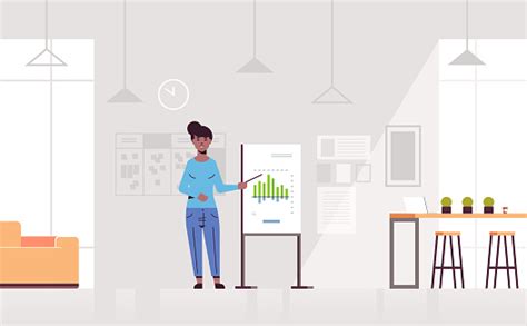 플립 차트 아프리카 계 미국인 비즈니스 여자에 금융 그래프를 제시 하는 사업가 프레 젠 테이 션 개념 현대 공동 작업 센터 사무실 인테리어 수평 전체 길이 가구에 대한 스톡