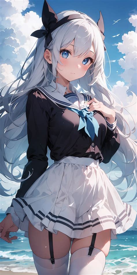 짧은 치마를 입고 고양이 귀를 쓴 여성이 해변에 서 있습니다 Seaart Ai