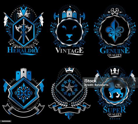 벡터 빈티지 문장 학 팔의 외 투 상 스타일에 설계 되었습니다 중세 타워 병기 로얄 크라운 별 및 다른 그래픽 요소 컬렉션을 디자인합니다 고풍스런에 대한 스톡 벡터 아트 및