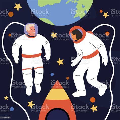 우주 비행사 남자와 여자는 행성 지구의 배경으로 우주에서 비행 은하 과학 우주 교육 기술 벡터 일러스트와 아이들을위한 게임 직물