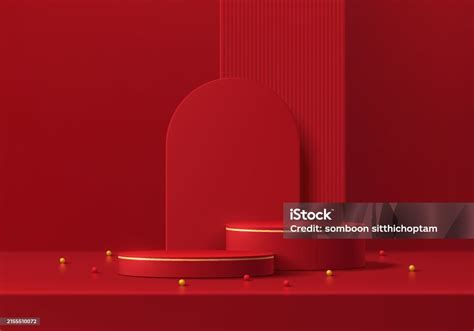 황금 공 아치 배경 벽 장면이 있는 사실적인 3d 빨간색 원통형 연단 배경 최소한의 모형 또는 추상적인 제품 전시 프레젠테이션 무대 쇼케이스 플랫폼 벡터 기하학적 디자인